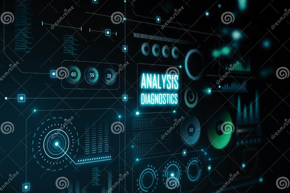 Creative Glowing Dark Digital Business Interface With Various Icons Background Diagnistics