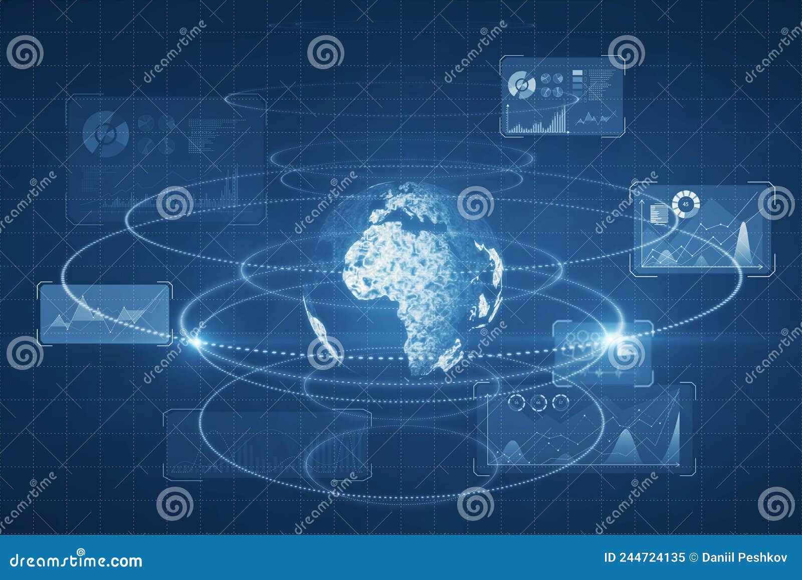 Creative Glowing Digital Business Screen Interface Backdrop with Globe ...