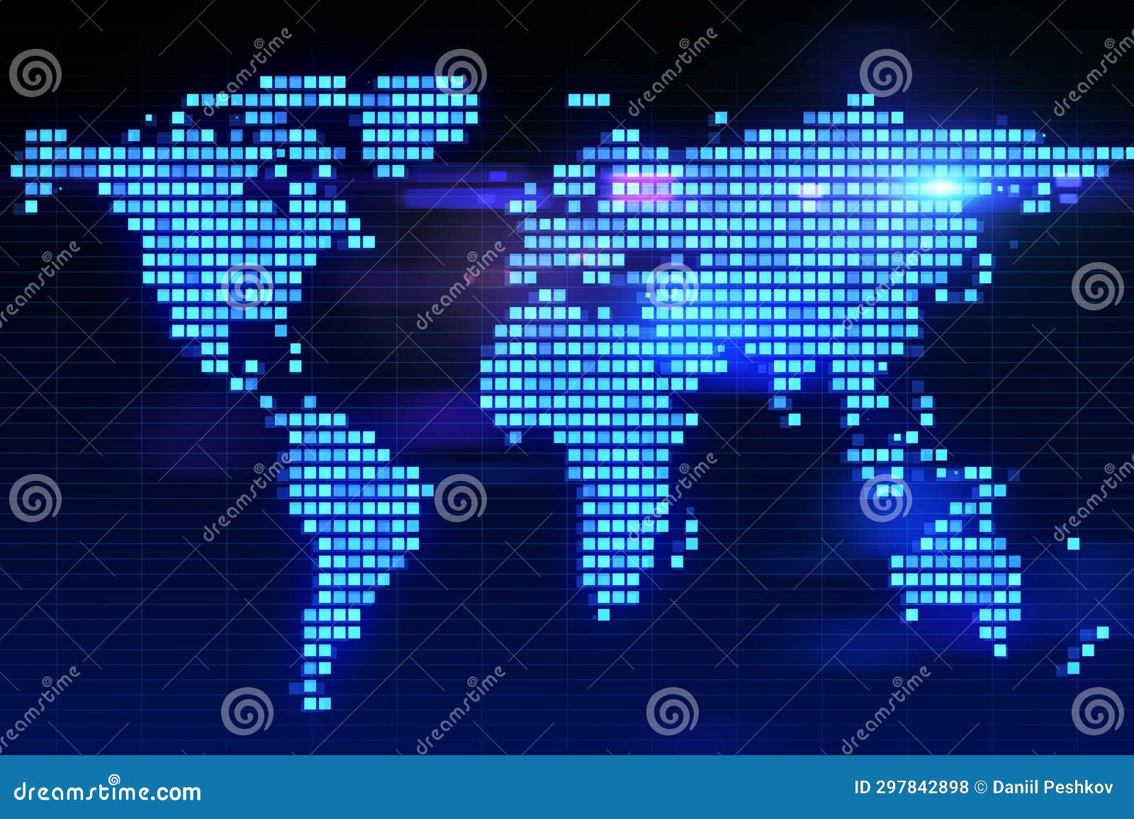 Creative Glowing Digital Pixel Squares Map of the World with Spotlights ...