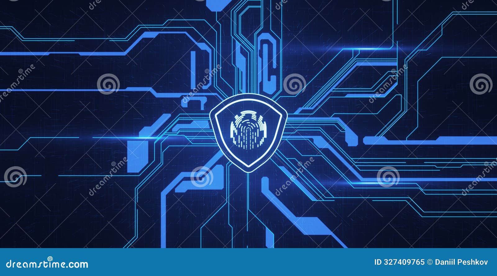 Creative Glowing Digital Shield with Fingerprint on Dark Circuit ...