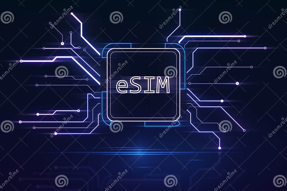 Creative Glowing ESim Hologram on Background. Embedded Sim and Cellular ...