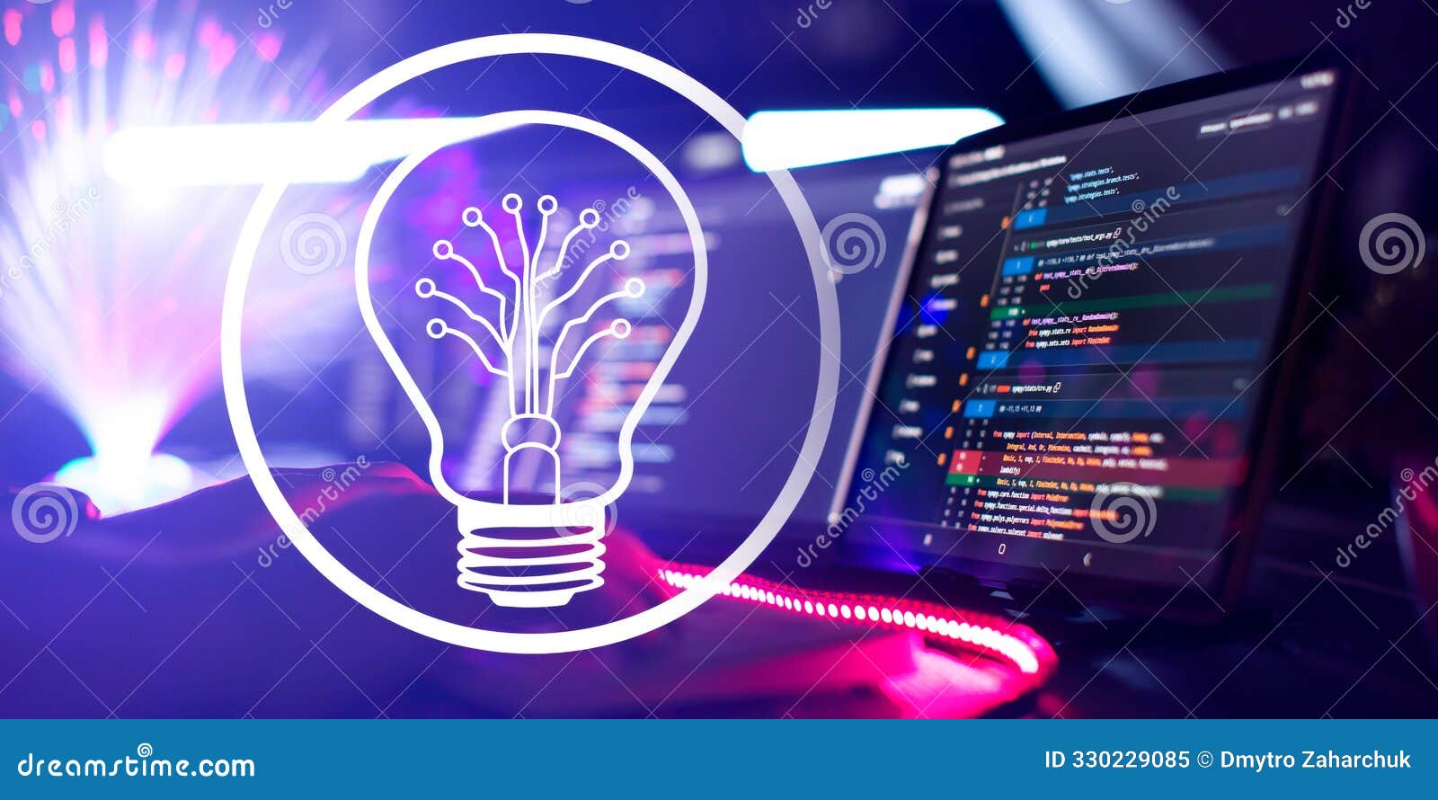 Creative Glowing Light Bulb with Computer Program Code on the Screen ...