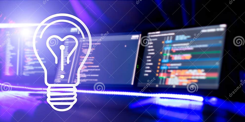 Creative Glowing Light Bulb with Computer Program Code on the Screen ...
