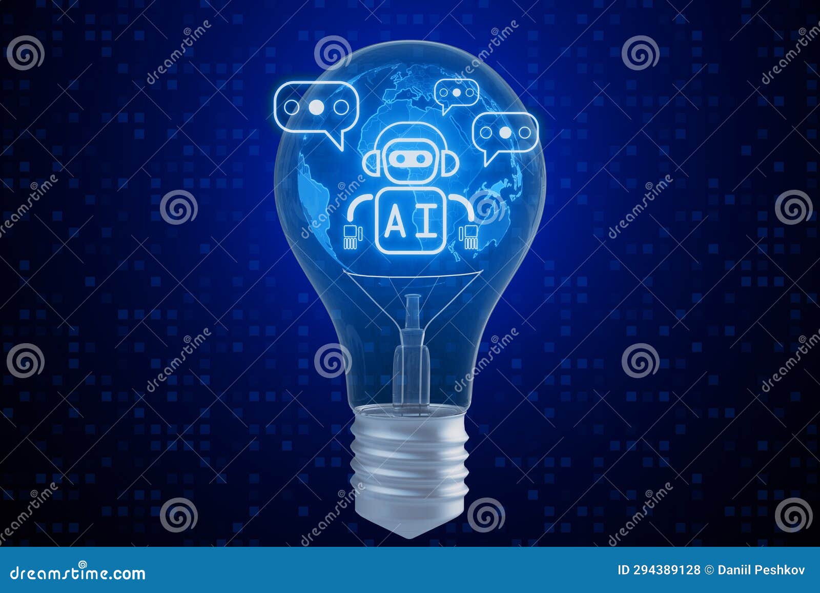 Creative Glowing Light Bulb with Robot and Globe Ai Hologram on Dark ...
