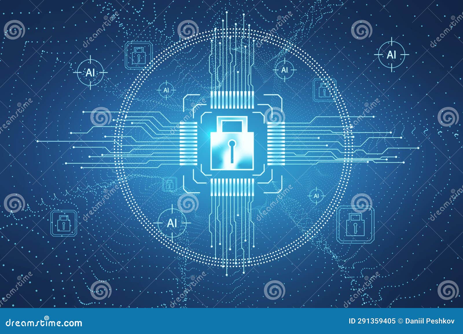 Creative Glowing Padlock Hologram on Blurry Backdrop with Various Icons ...