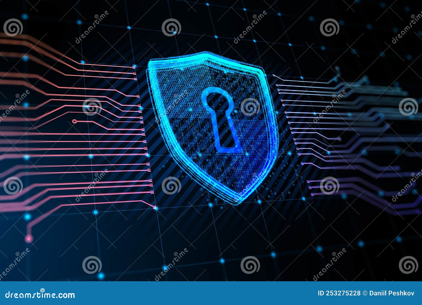 Creative Glowing Shield Circuit Security Hologram on Blurry Background ...