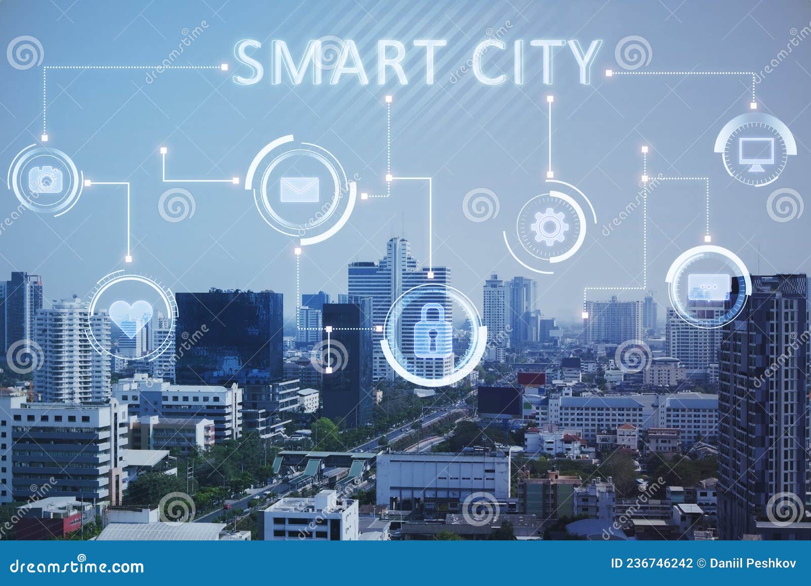Creative Glowing Smart City Wallpaper with Interface and Downtown ...
