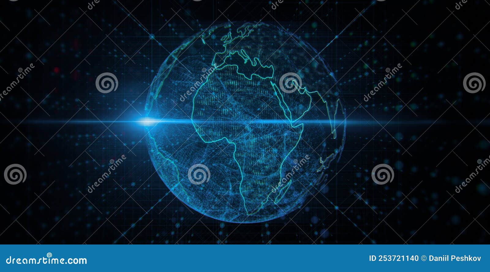 Creative Glowing Wide Blue Metaverse Globe Hologram with Grid on Blurry ...