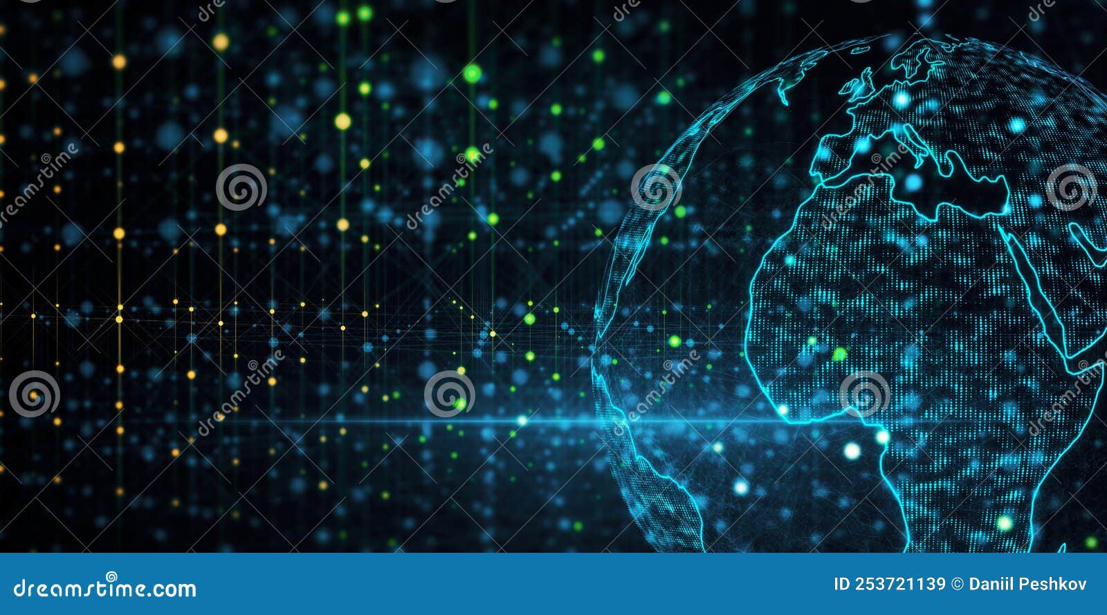 Creative Glowing Wide Blue Metaverse Globe Hologram with Grid on Blurry ...