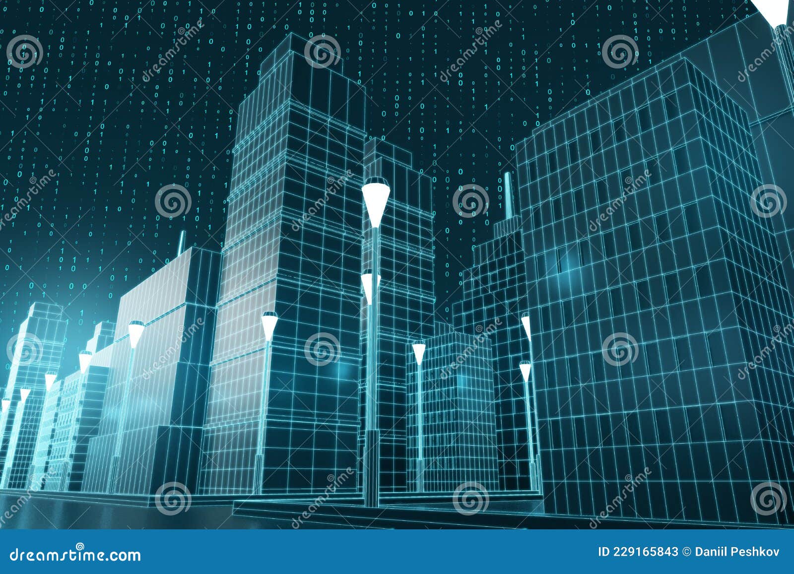 Creative Graphic Blue City Background with Binary Code. Building and ...
