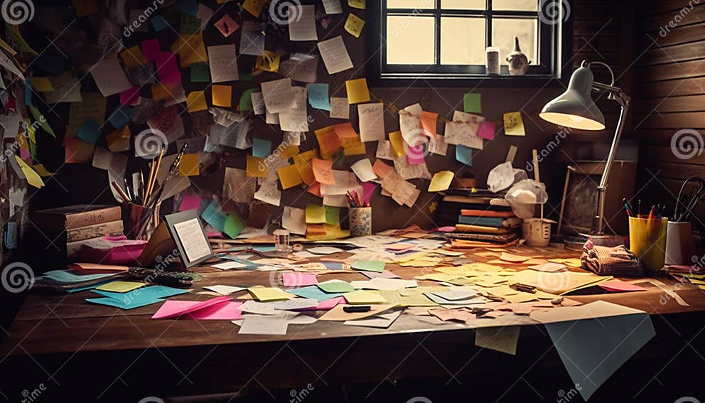 Creative Graphic Designer Brainstorming Ideas on Messy Desk with ...