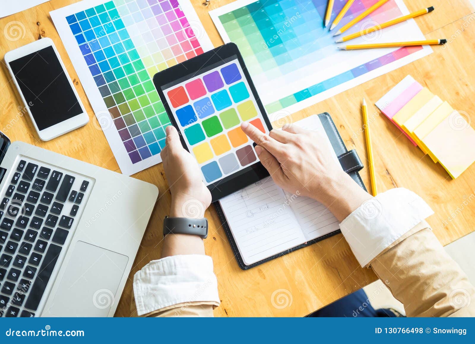 Creative Graphic Designer at Work. Color Swatch Samples Pantone Stock ...