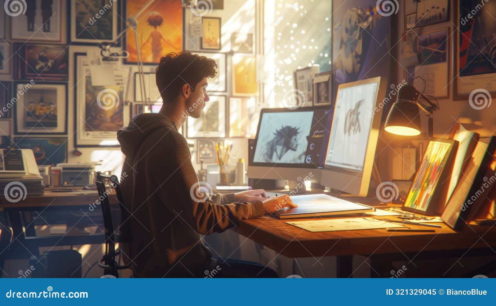 Creative Graphic Designer Working on Computer while Designing Product ...