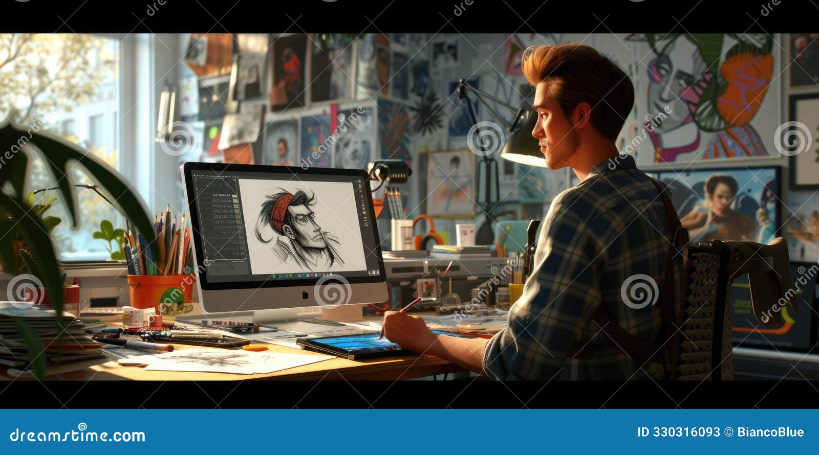 Creative Graphic Designer Working on Computer while Designing Product ...