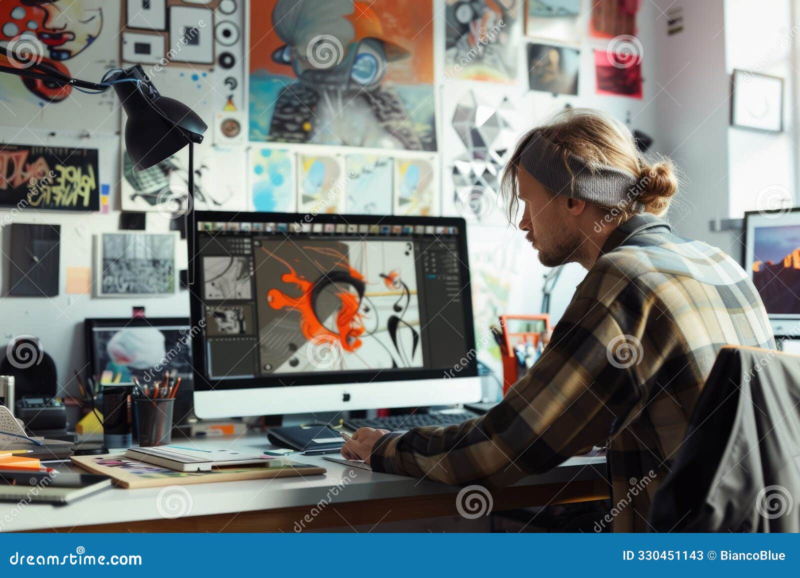 Creative Graphic Designer Working on Computer while Designing Product ...