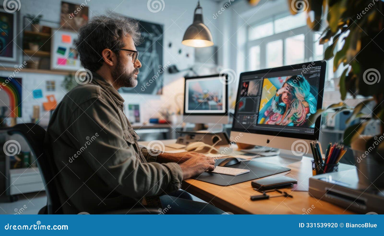 Creative Graphic Designer Working on Computer while Designing Product ...