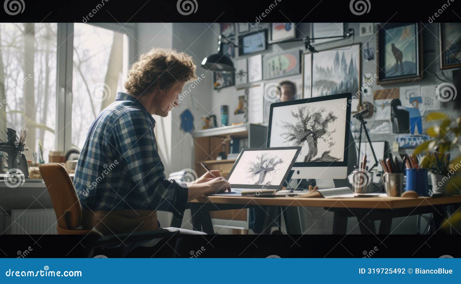 Creative Graphic Designer Working on Computer while Designing Product ...