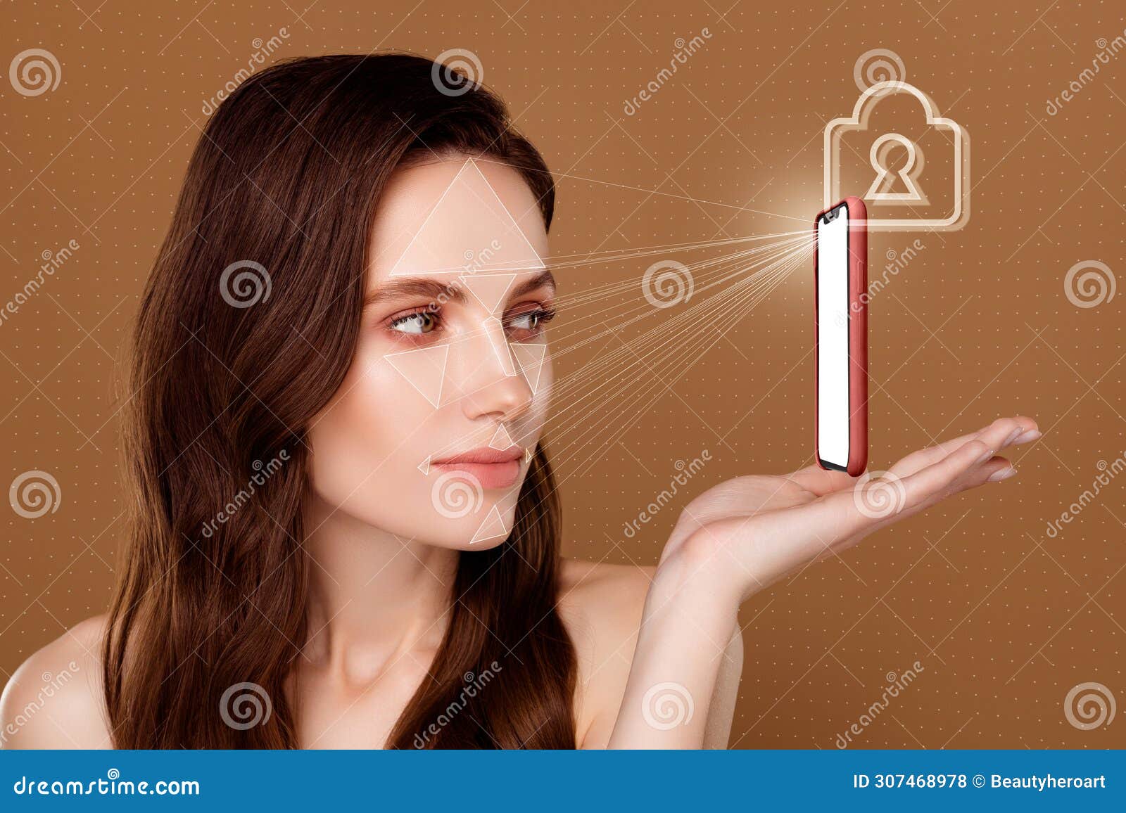 Creative Graphics Abstract Collage of Woman Showing Smart Cell Gadget ...