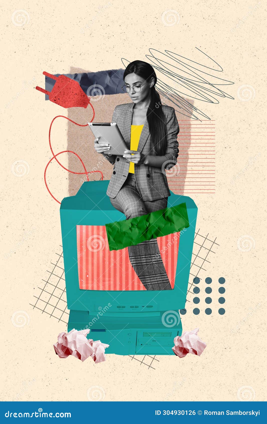 Creative Graphics Collage Image of Confident Lady Working Modern Gadget ...