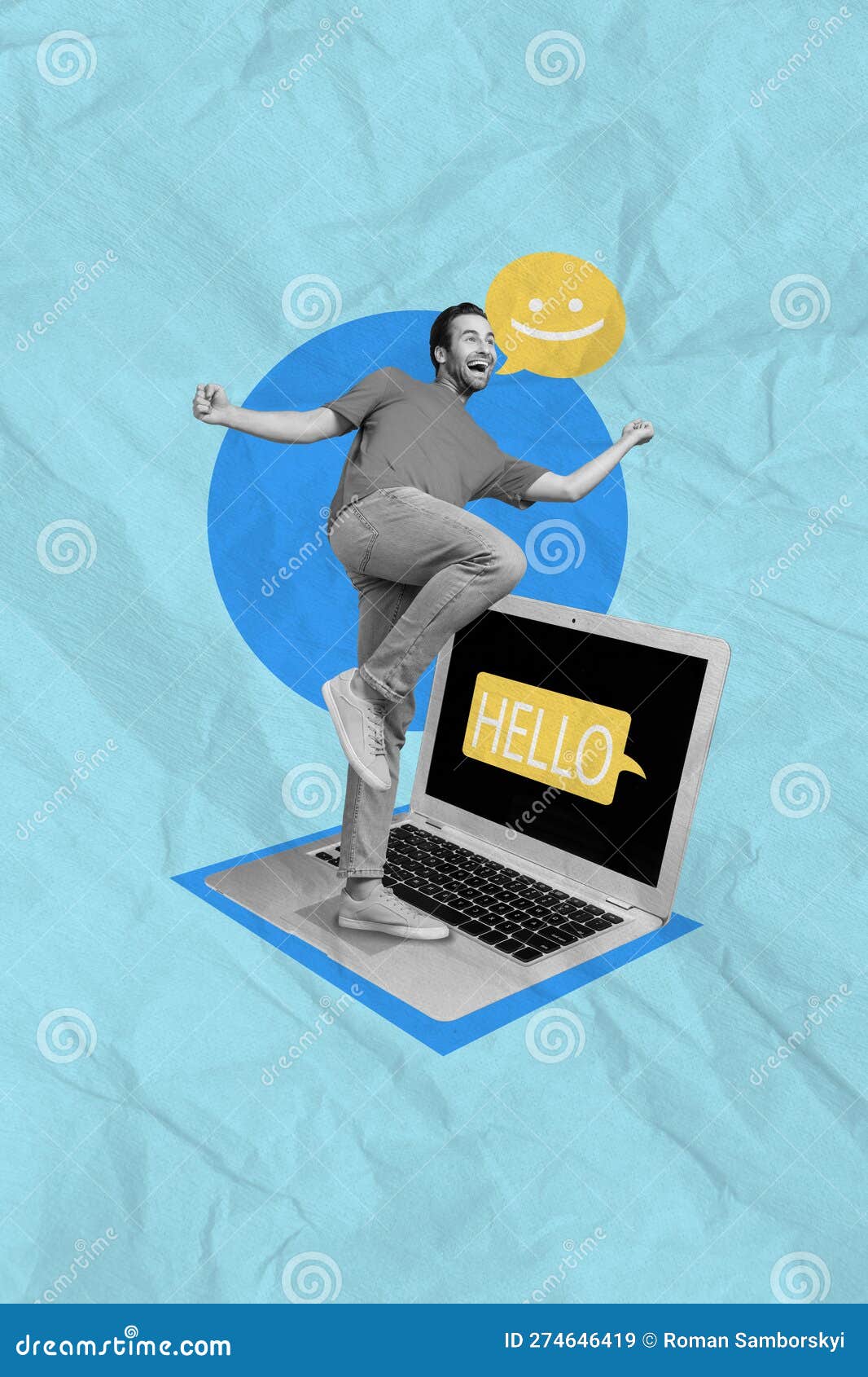 Creative Graphics Collage Image of Excited Funky Guy Texting Hello ...