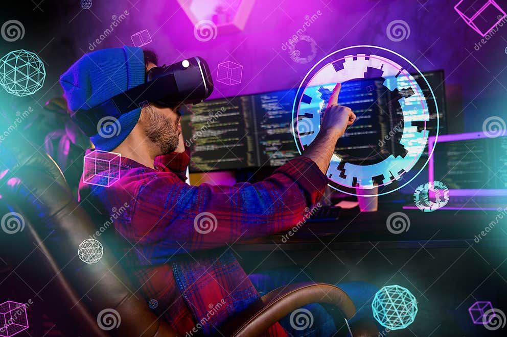 Creative Graphics Metaphor Collage of Young Guy Programmer Using ...