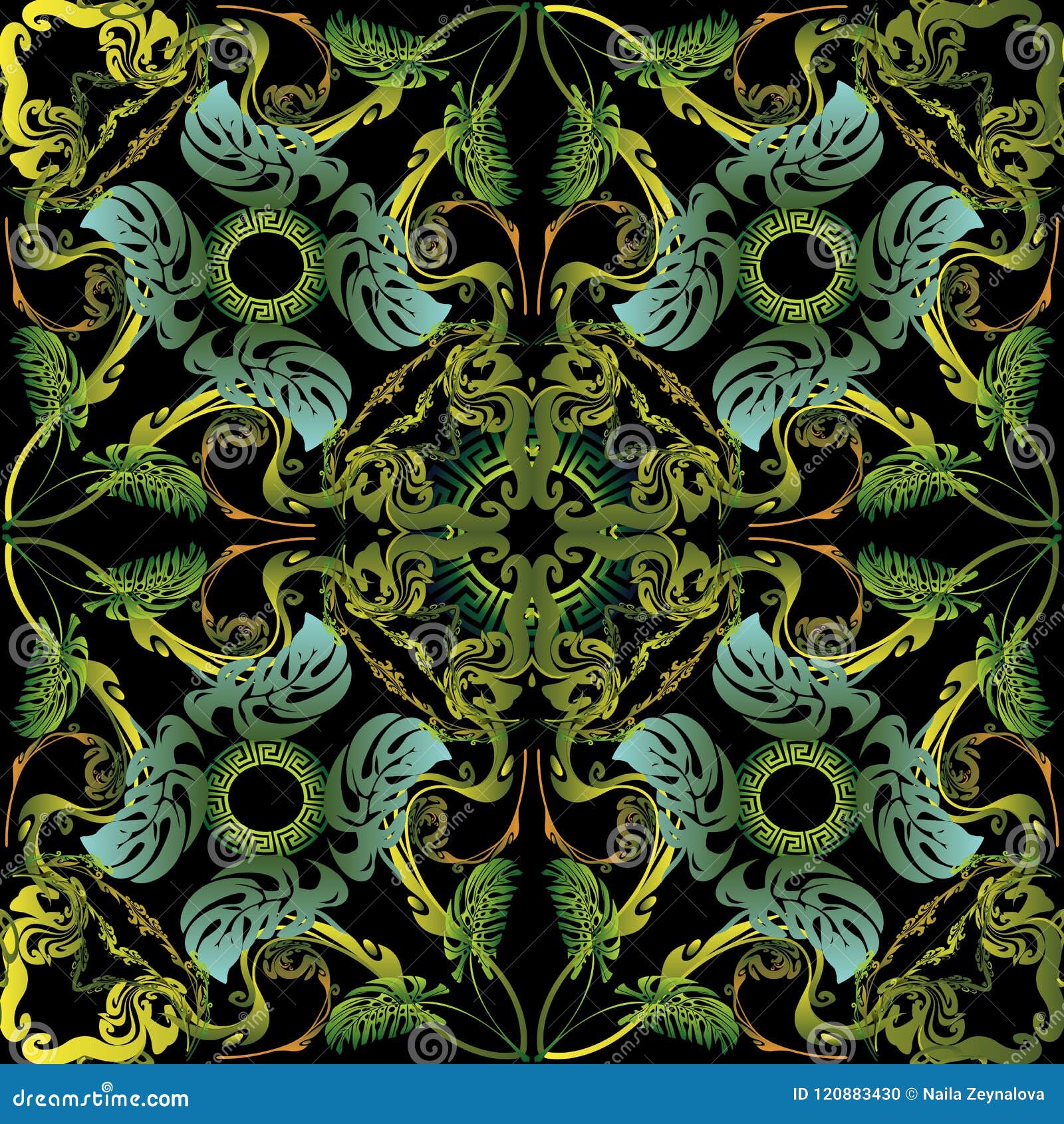 Creative Green Foliage 3d Greek Vector Seamless Pattern Stock Vector ...