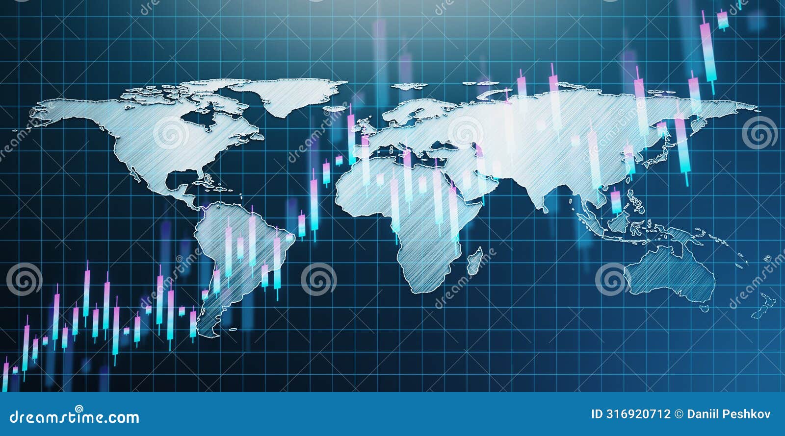 Creative Growing Candlestick Forex Chart on Wide Blue Grid Background ...