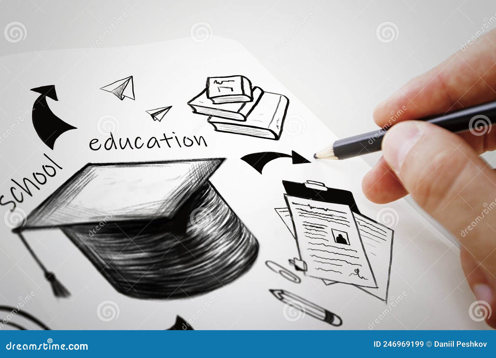 Creative Hand Drawn Education Sketch with Graduation Cap on White ...
