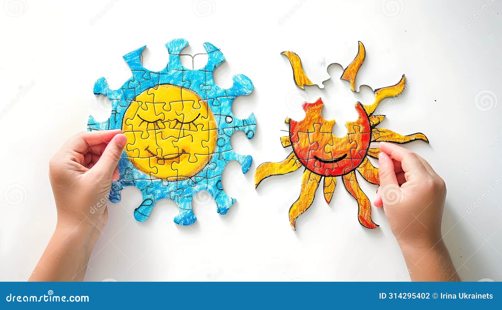Creative Hands Assembling Jigsaw Puzzles of a Sun and a Virus ...