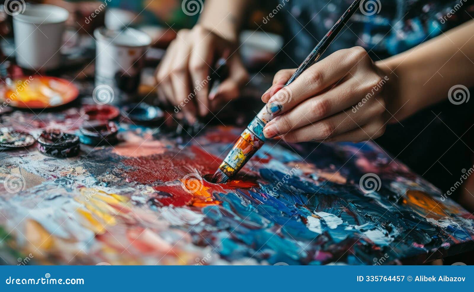 Creative Hands Painting Colorful Abstract Art on Canvas in Studio ...