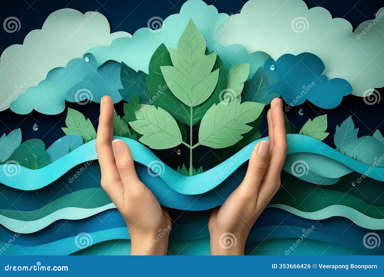 Creative Hands Protecting Nature with Layers of Leaves and Waves ...