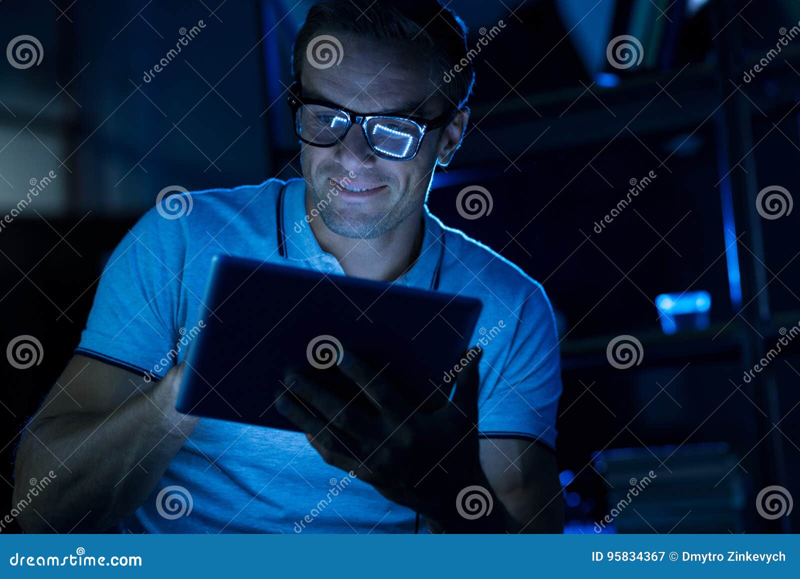 Creative Handsome Man Using His Gadget at Night Stock Image - Image of ...