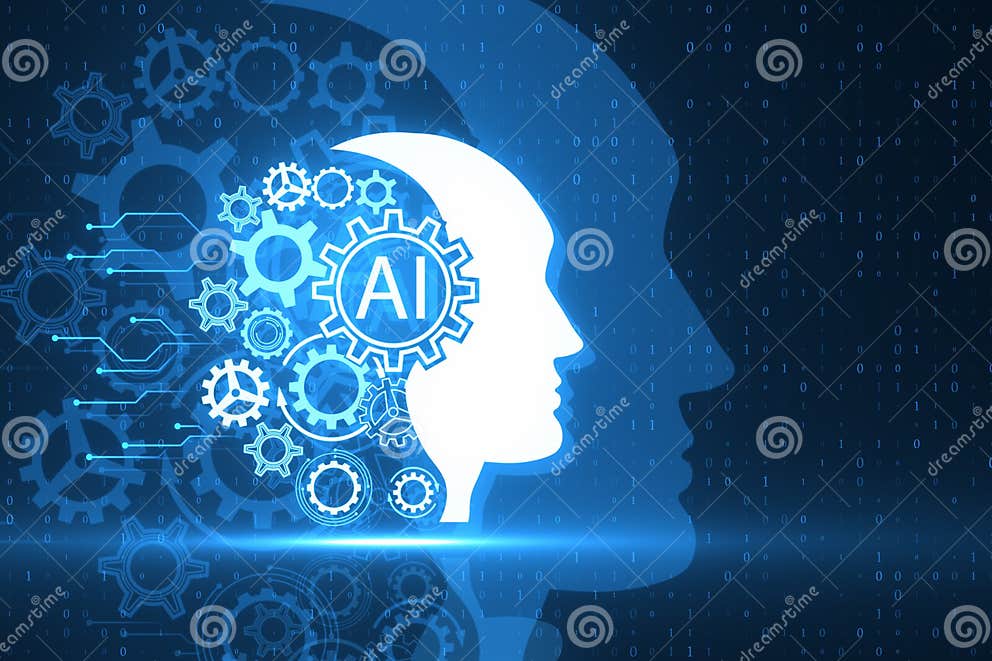 Creative Head Outline and Cogs Ai Hologram on Dark Blue Tech Background ...