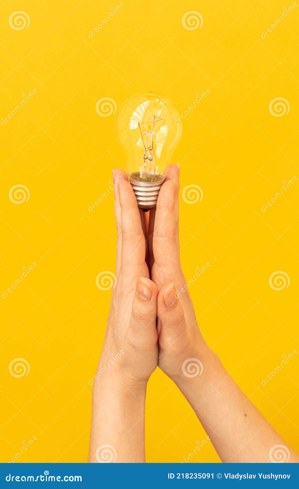 Creative Idea Concept Background with Light Bulb in Woman Hand Stock ...