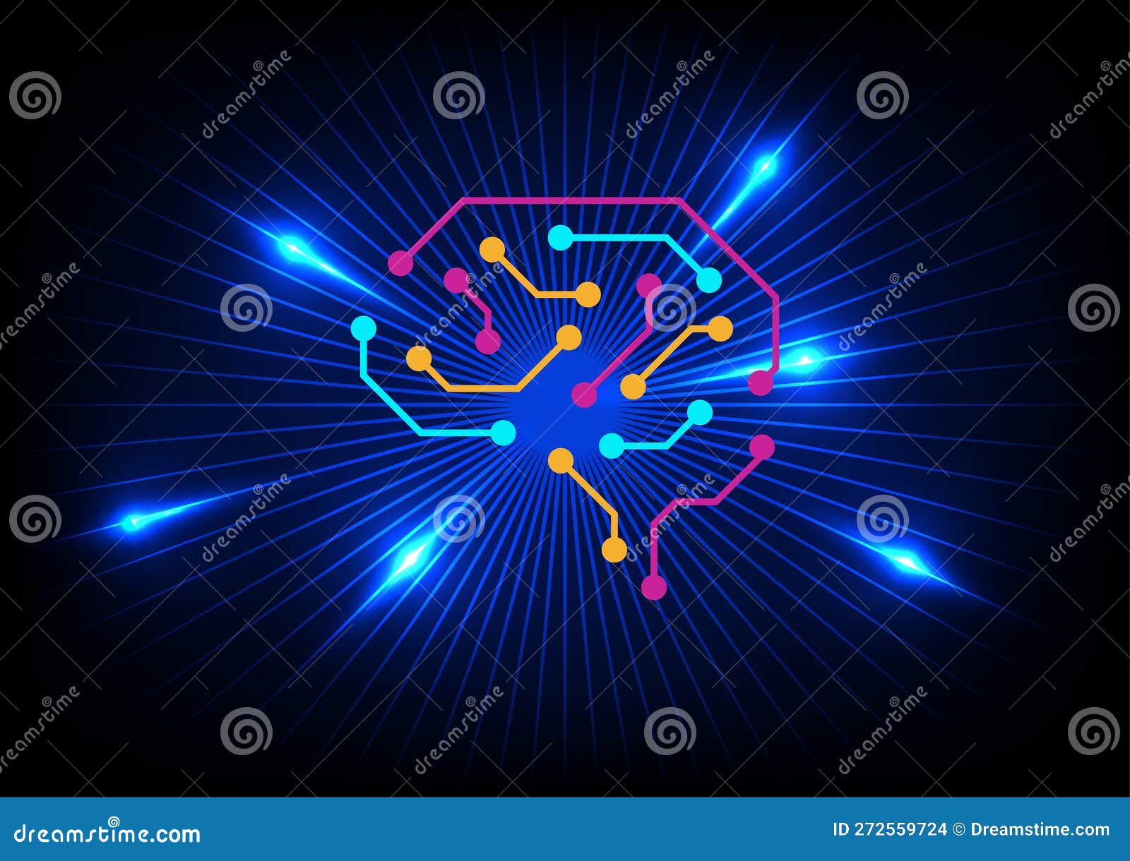 Creative and Idea Concept. Circuit Brain with Light Rays on Blue ...