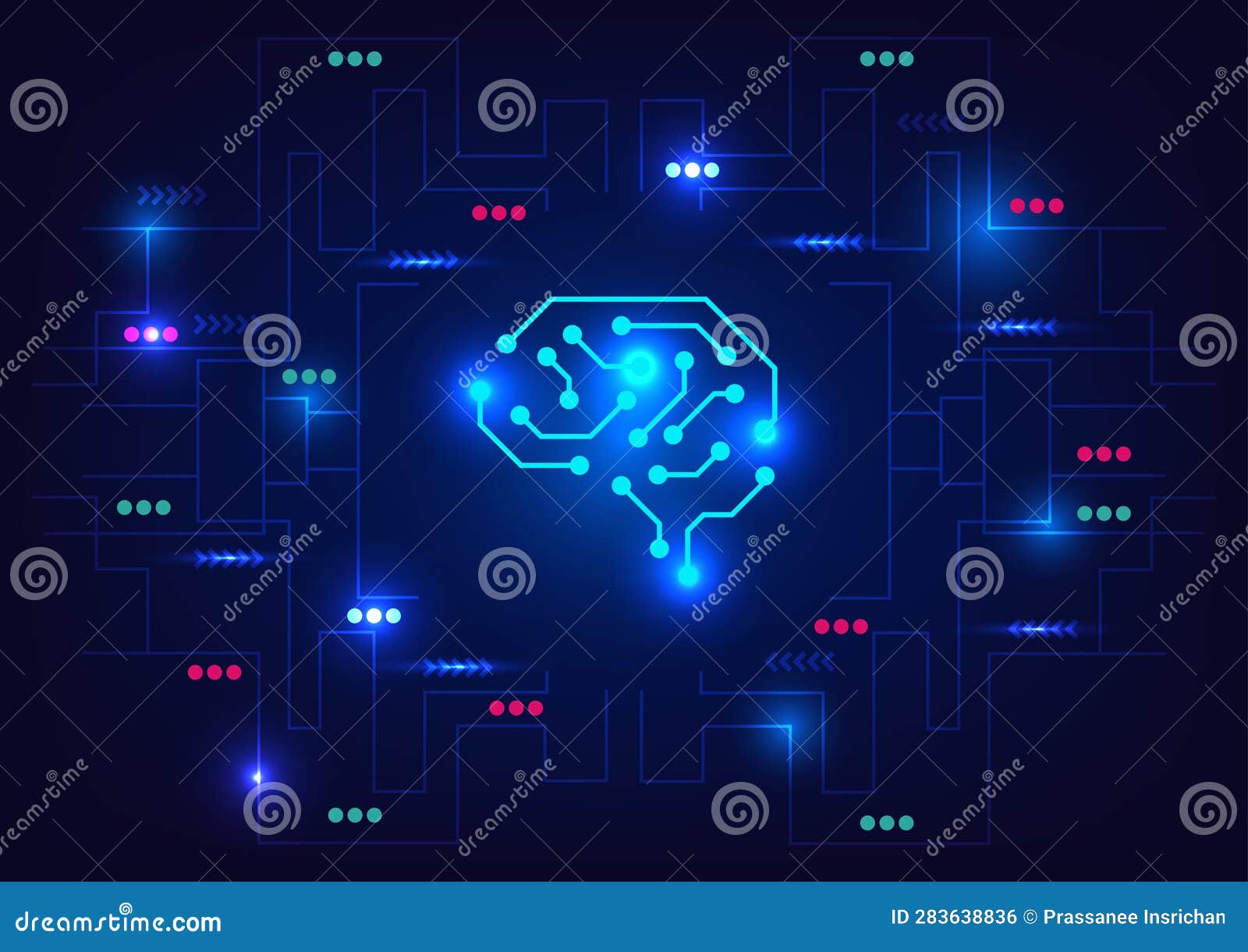 Creative and Idea Concept. Circuit Brain with Light Rays on Blue ...