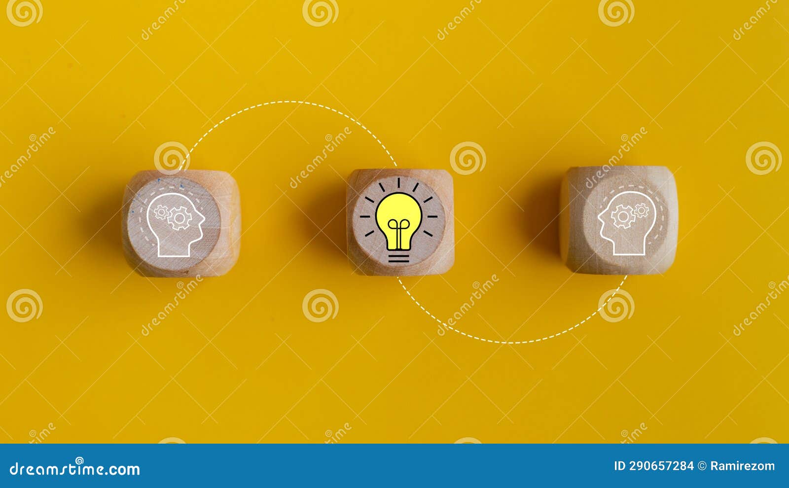 Creative Idea And Innovation Concept. Wooden Blocks With Lightbulb And Human Head On Yellow ...