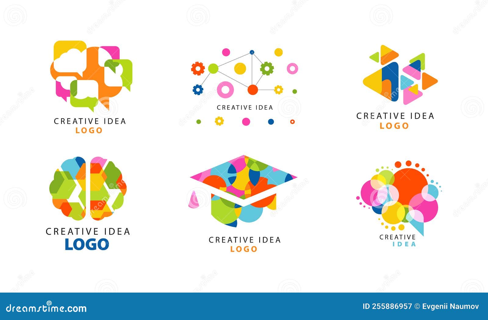 Creative Idea Logo with Bright Colored Brain and Shapes Vector Set ...