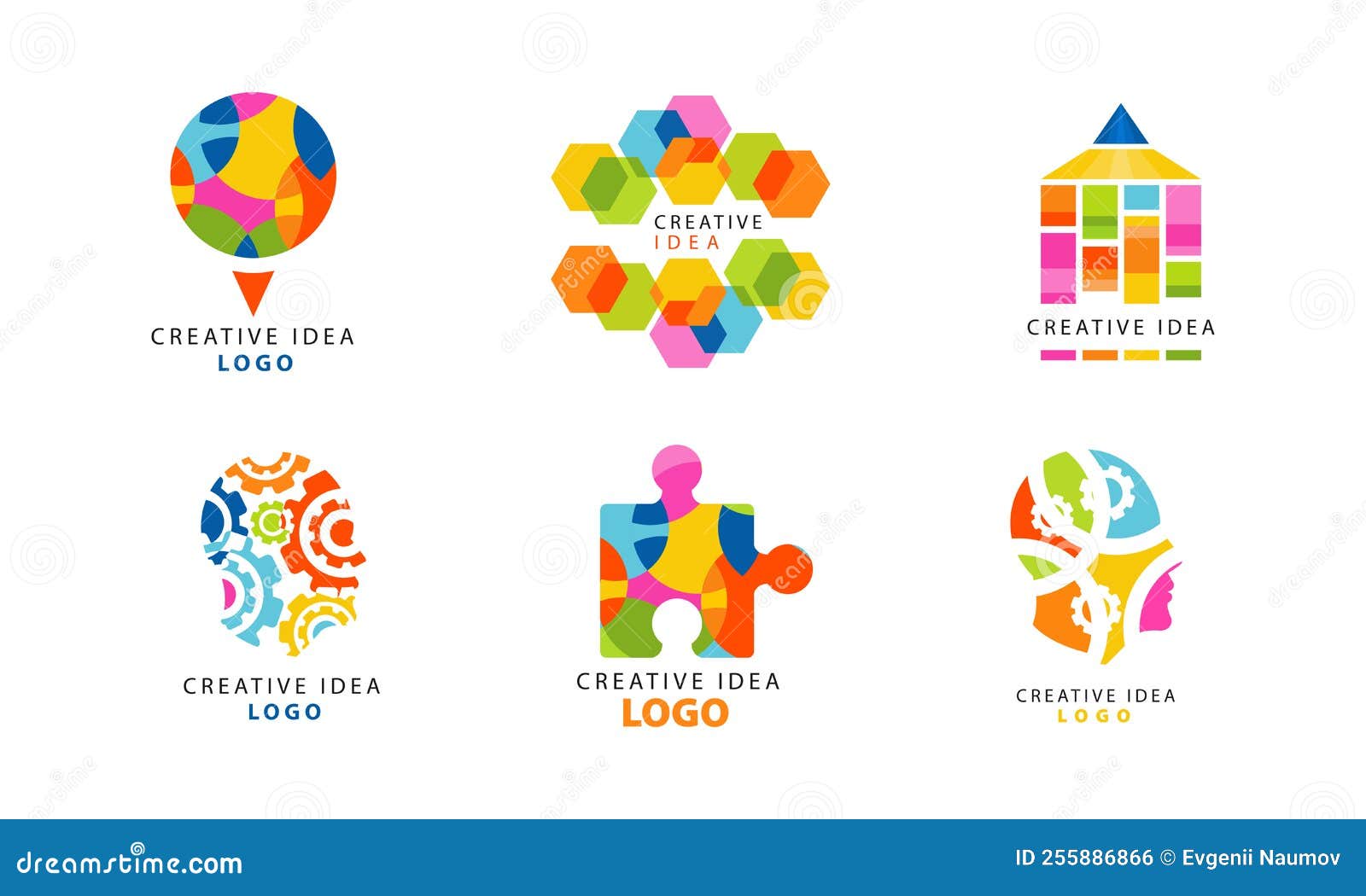 Creative Idea Logo with Bright Colored Head, Jigsaw Puzzle and Pencil ...