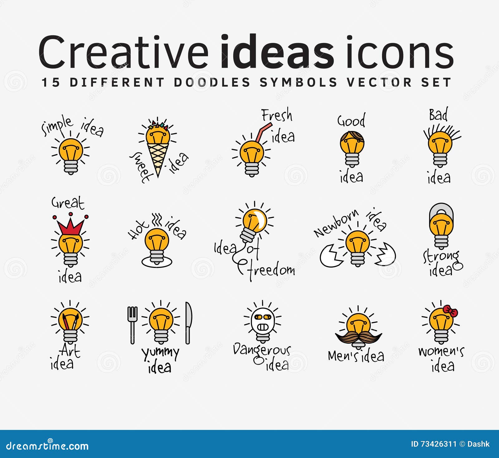 Creative Ideas Color Flat Icons Symbols Set. Cartoon Vector ...