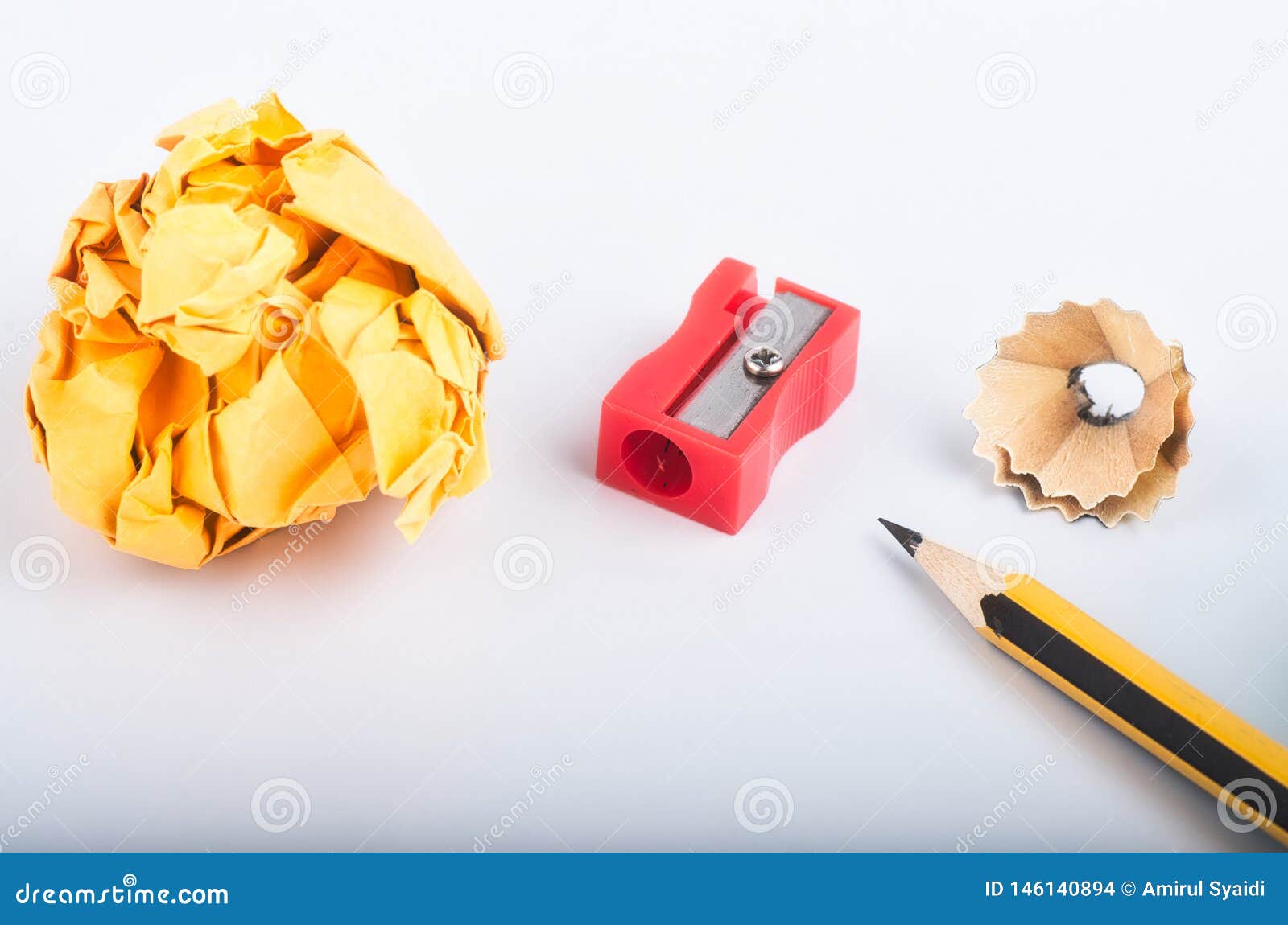 Pencil with it Shavings,crumple Paper and Sharpener Over White ...