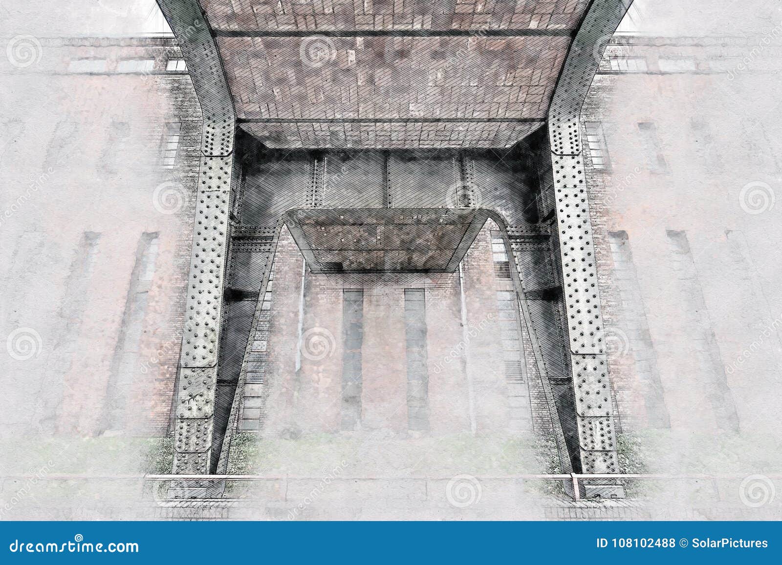 Creative Illustration - Brick and Steel Pillar of a Bridge, in Front of ...
