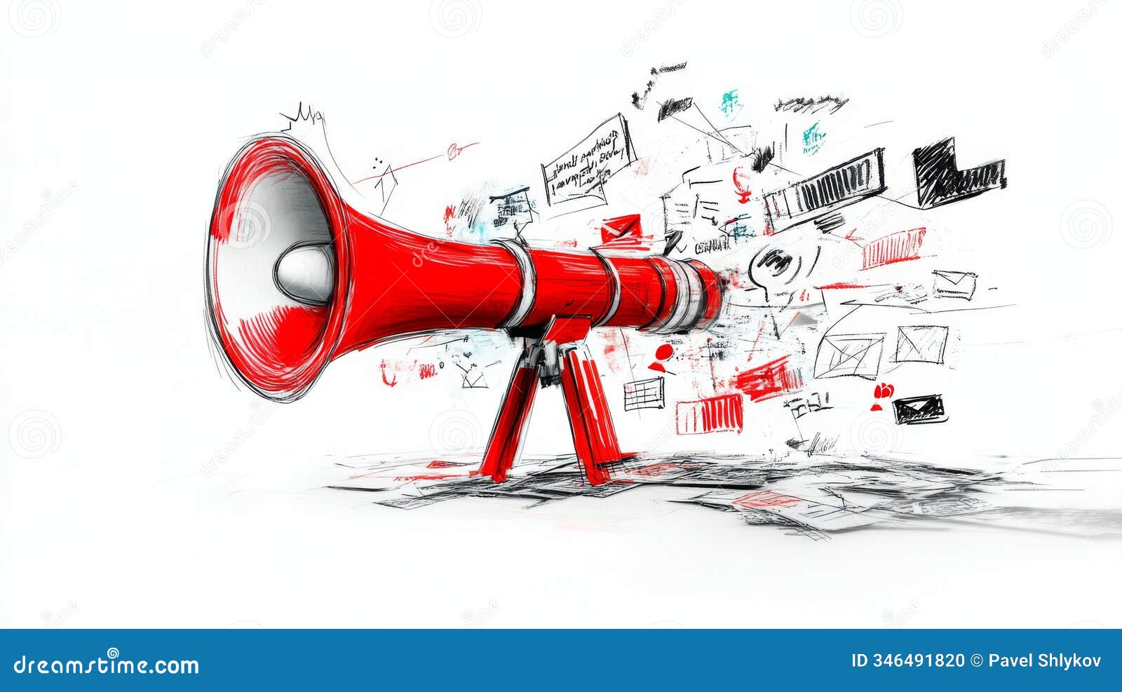 Creative Illustration of a Red Megaphone with Messages and Symbols ...