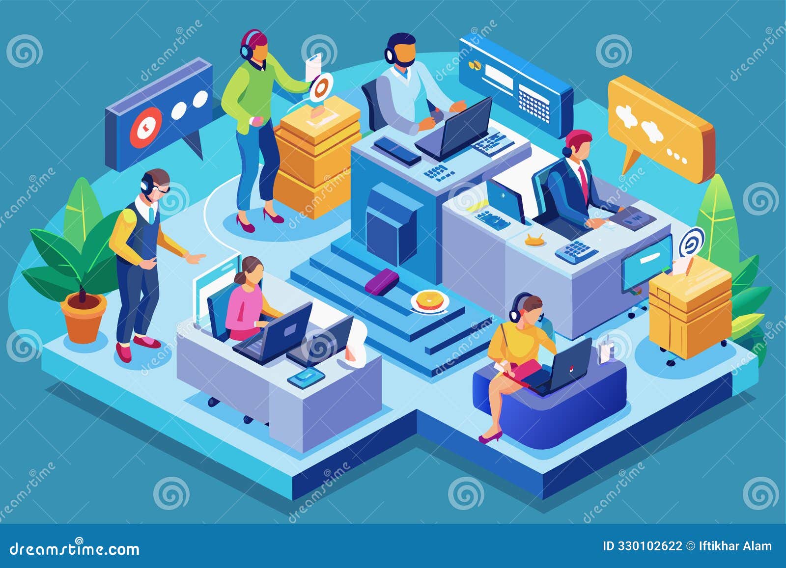 Creative Illustration Showcasing a Dynamic Call Center Setup with ...