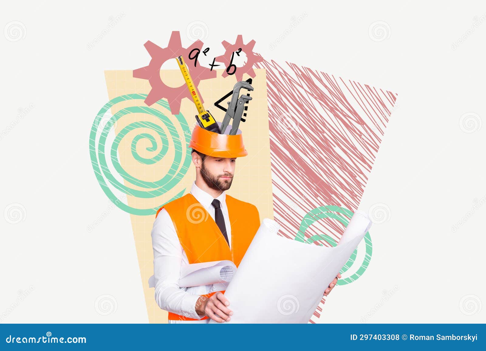 Creative Image Artwork Collage of Absurd Engineer Worker Service Tools ...