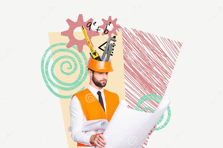 Creative Image Artwork Collage of Absurd Engineer Worker Service Tools ...