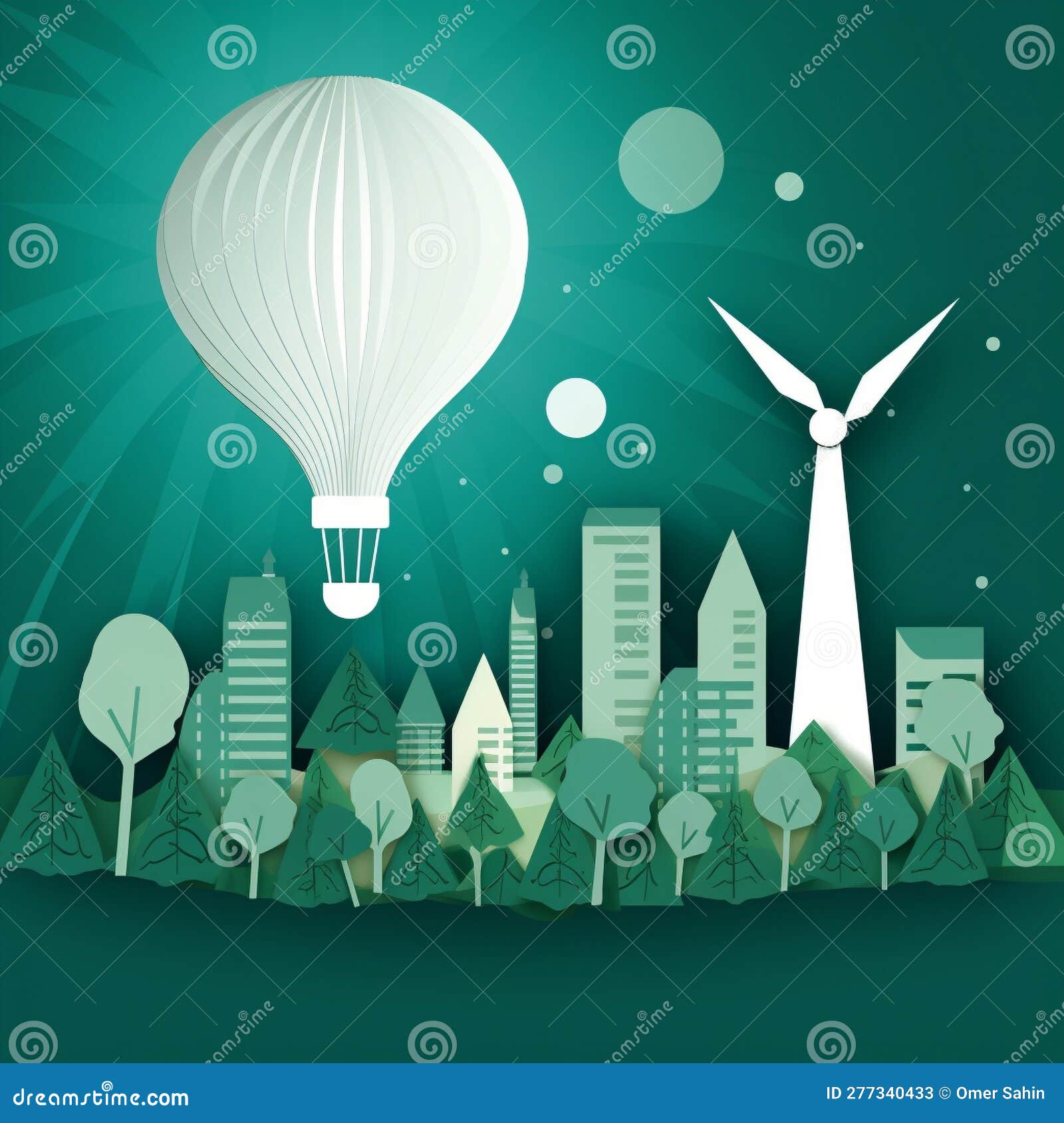Paper Cutout of Light Bulb Against Eco City Backdrop with Renewable ...