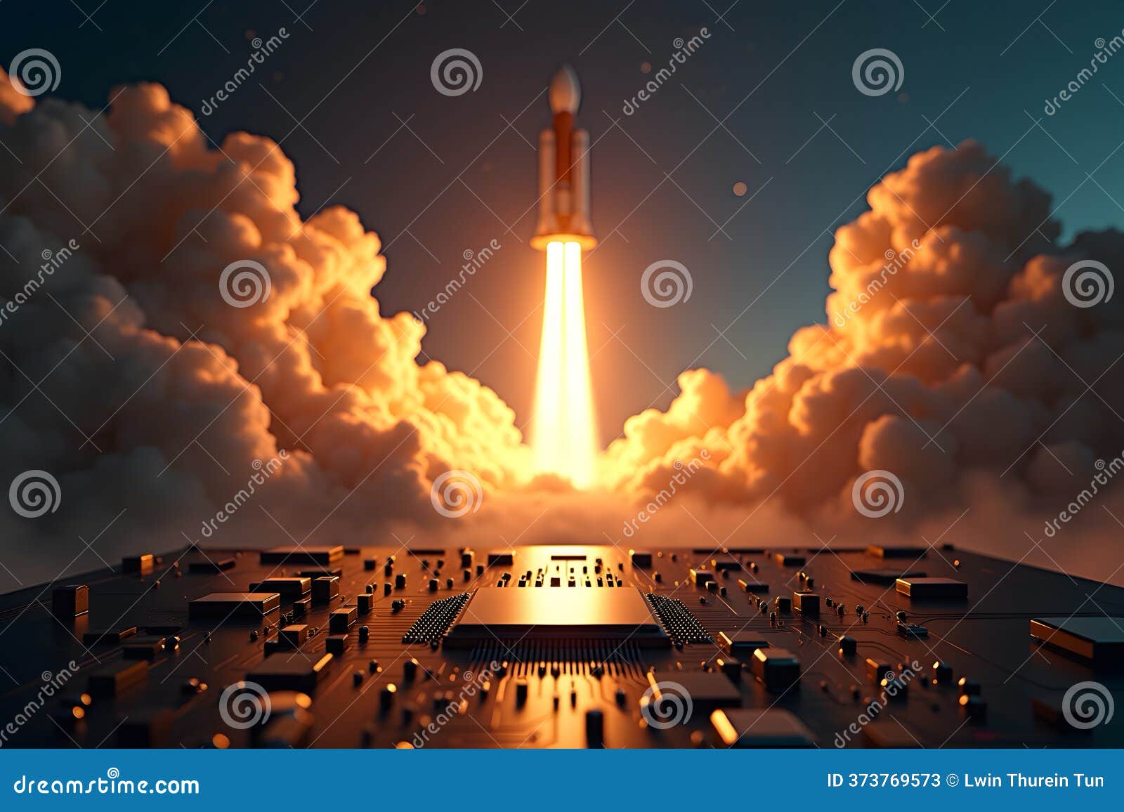 Tiny Rocket Taking Off From An Open Cardboard Box, Yellow Backdrop ...