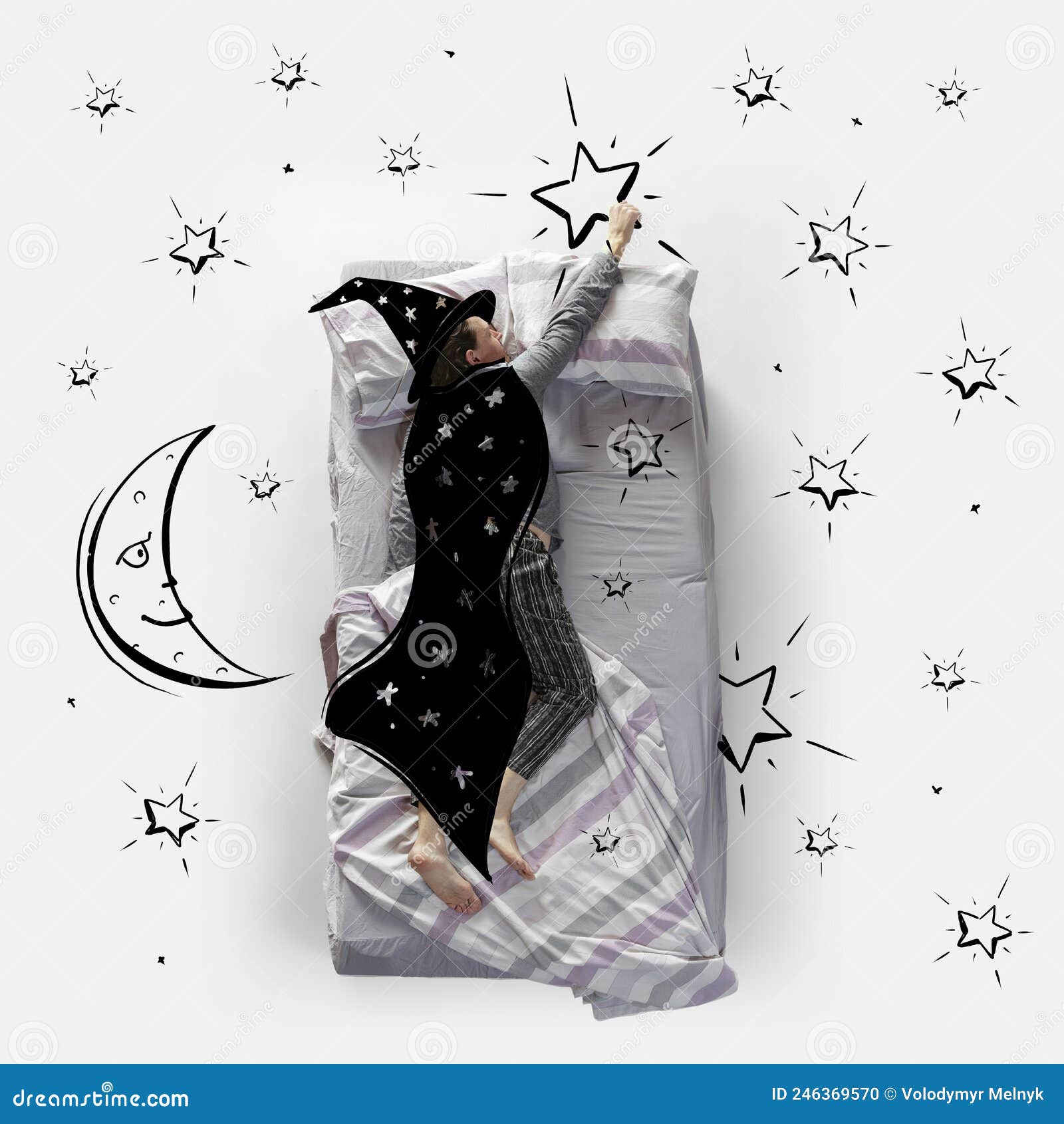 Creative Image. Top View of Young Man Lying on Bed, Sleeping, Dreaming ...