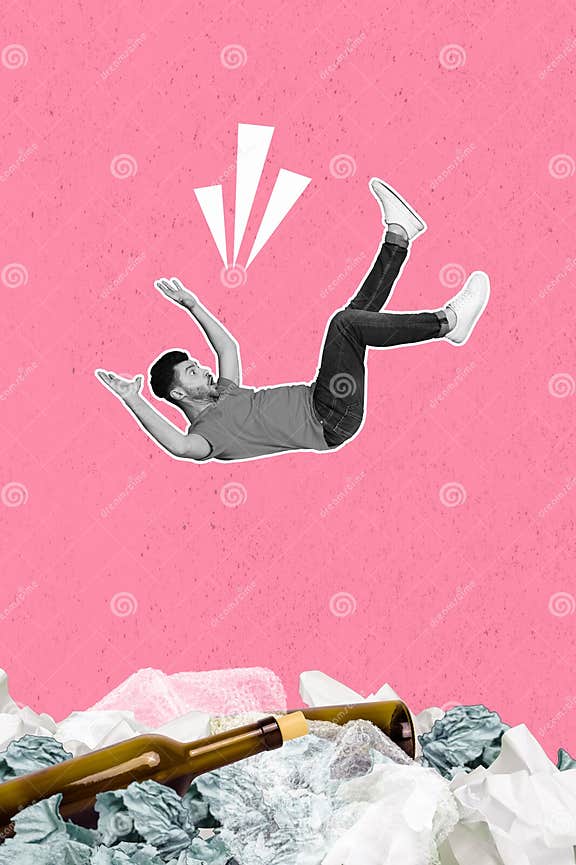 Creative Image Trend Collage of Scared Young Guy Falling Down into Dump ...